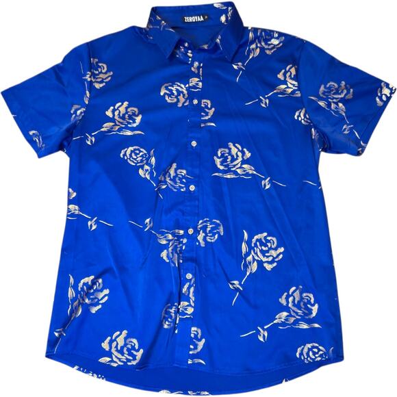 Zeroyaa | Shirts | Zeroyaa Xl Royal Blue Gold Floral Shirt Mens Short ...